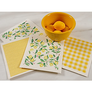 KAF Home Clean It Mixed Swedish Dish Cloths - Set of 4, Reusable, Absorbent Cellulose Sponge Towels for Kitchen, Cleaning Counters, and Washing Dishes (All Over Lemon)