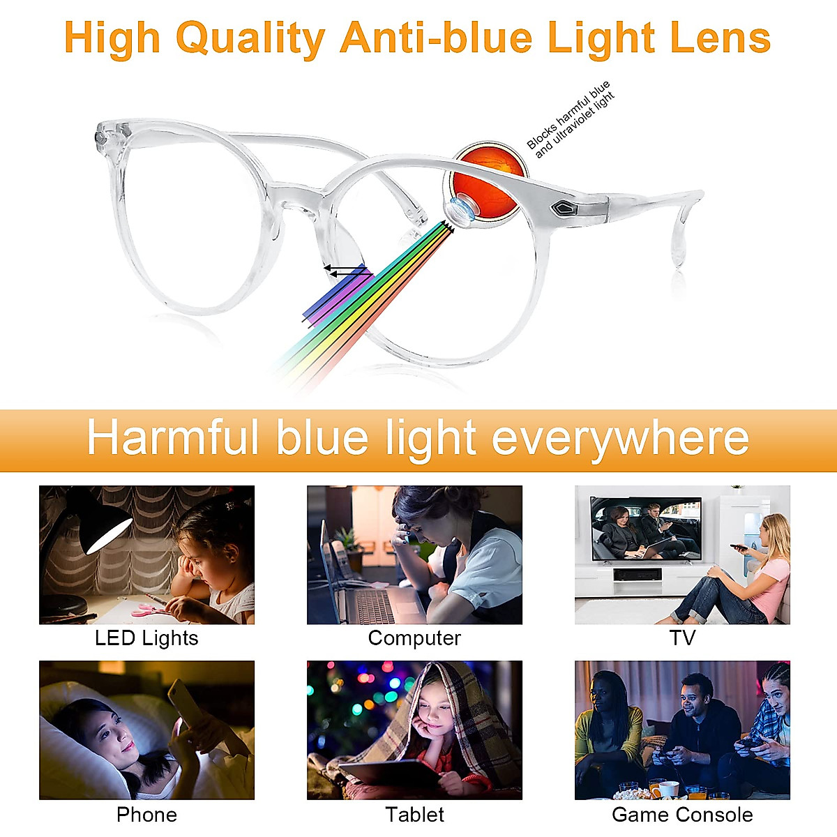 Craebuer Clear Glasses for Women Men, Retro Round Blue light Blocking Reading Eyeglasses with Lightweight Frame, Anti Eyestrain UV Glare Filter Eyewear