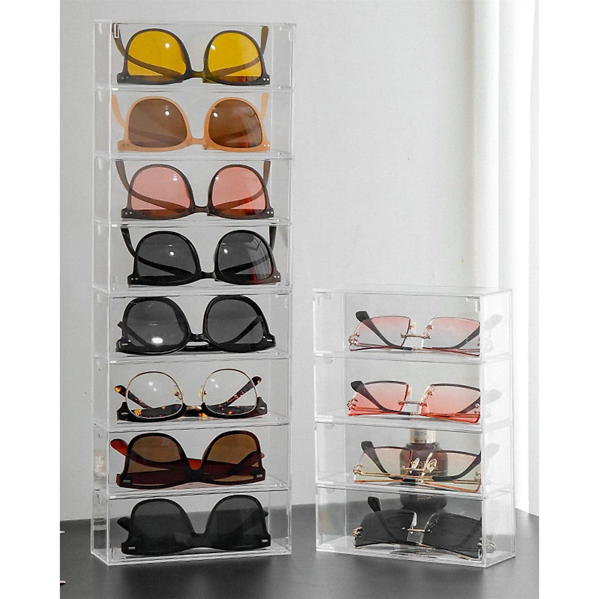 4 Drawers Acrylic Stackable Sunglasses Organizer, Clear Glasses Case Storage Organizer, Dust Proof & Waterproof Acrylic Drawers Sunglasses Storage Organizer for Dresser, Bedroom, Desk
