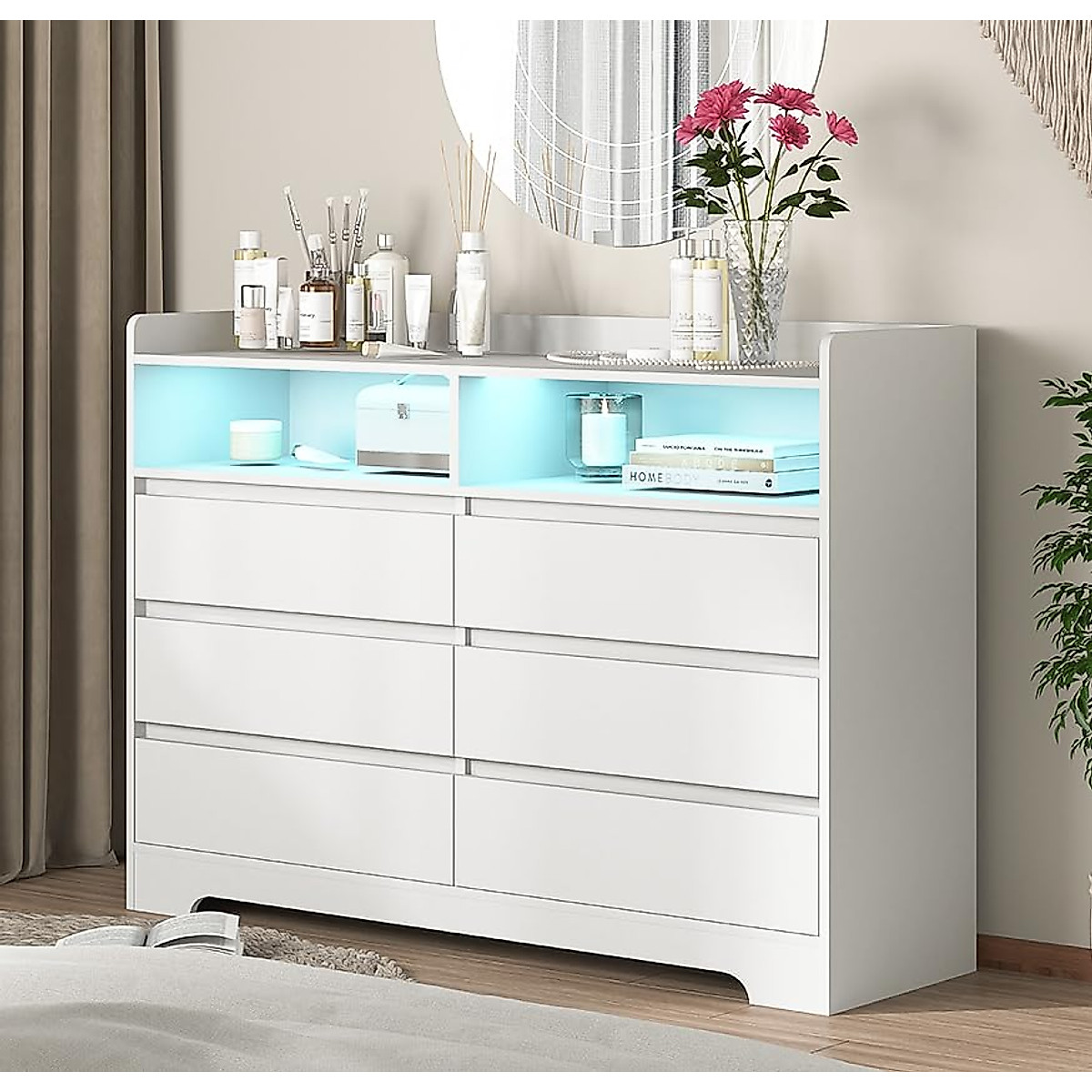 CIPACHO White Dresser for Bedroom,Modern 6 Drawer Dresser with LED Light and Open Shelf,Wide Storage Chest of Drawers,Bedroom Storage Furniture