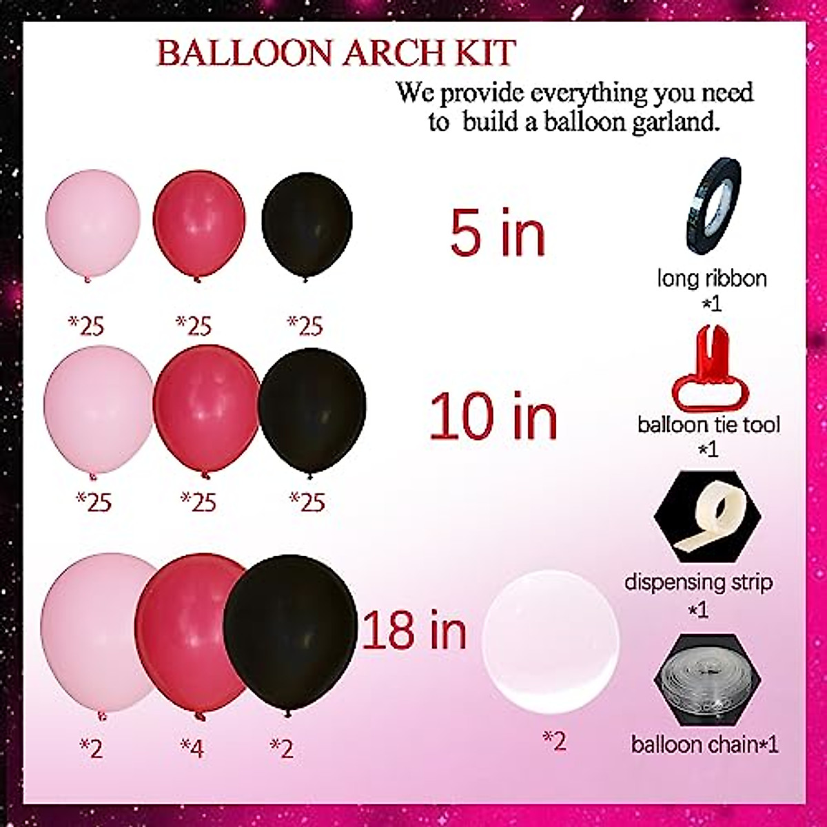INFLORAL Black and Hot Pink Balloons Garland Arch Kit, 160 PCS Rose Red Black Pink Balloons Set, Latex Balloons Birthday Balloons for Party Decoration