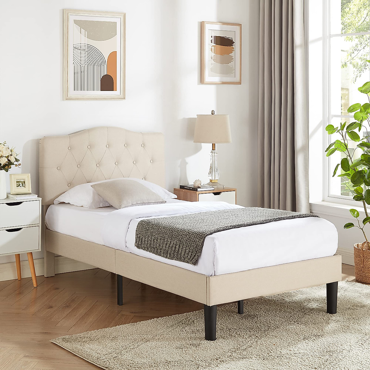 VECELO Classic Upholstered Platform Bed Diamond Stitched Cloth Panel Headboard/Mattress Foundation/Easy Assembly/Strong Slat Support Twin,Beige