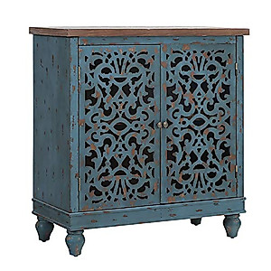 Sophia & William Accent Cabinet with Doors, Distressed Display Storage Cabinet with Wooden Frame and Hollow-Carved Floral Patterns for Entryway Living Room, Blue