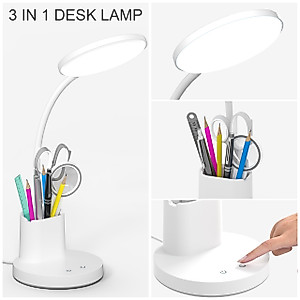Vicsoon Desk Lamp, LED Desk Lamp for Home Office, Touch Table Lamp with 3 Color Modes 360° Adjustable Arm, Dimmable Desk Light with Pen Phone Holder, White