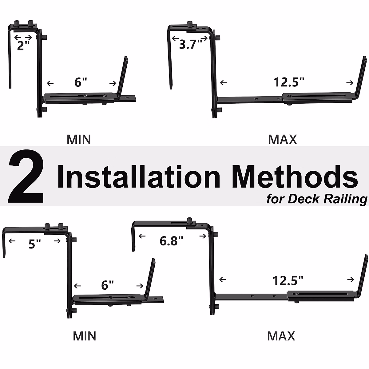 Y&M Adjustable Planter Box Brackets, Brackets for Window Boxes Planters, 4 Packs Universal Outdoor Hanging Brackets, Black Steel Mounting Durable, Suitable for Fence Pergola Patio Garden Balcony