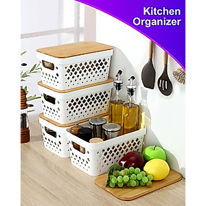 Small Storage Bins with Lids-Plastic Storage Containers Storage Baskets for Organizing Desktop Closet Playroom Classroom Office,Set of 6，White