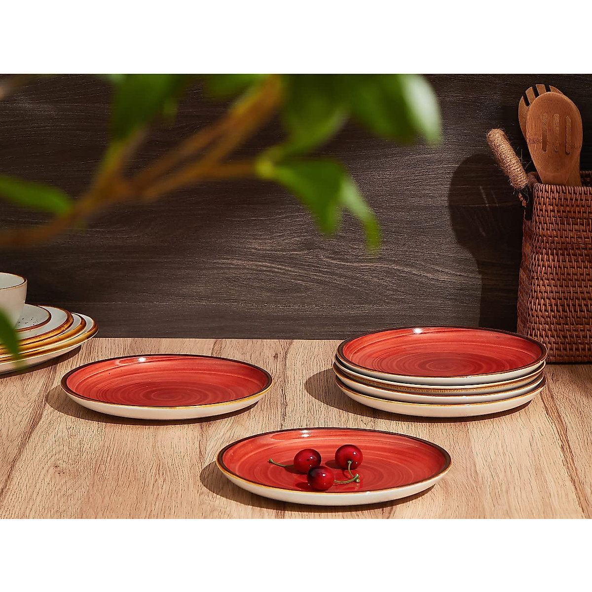 ONEMORE Ceramic Plates Set of 6, 8.5 inch Small Dinner Plates for Appetizer, Salad and Dessert. Oven, Microwave and Dishwasher Safe Plate. Rustic Kitchen Porcelain Dish - Red