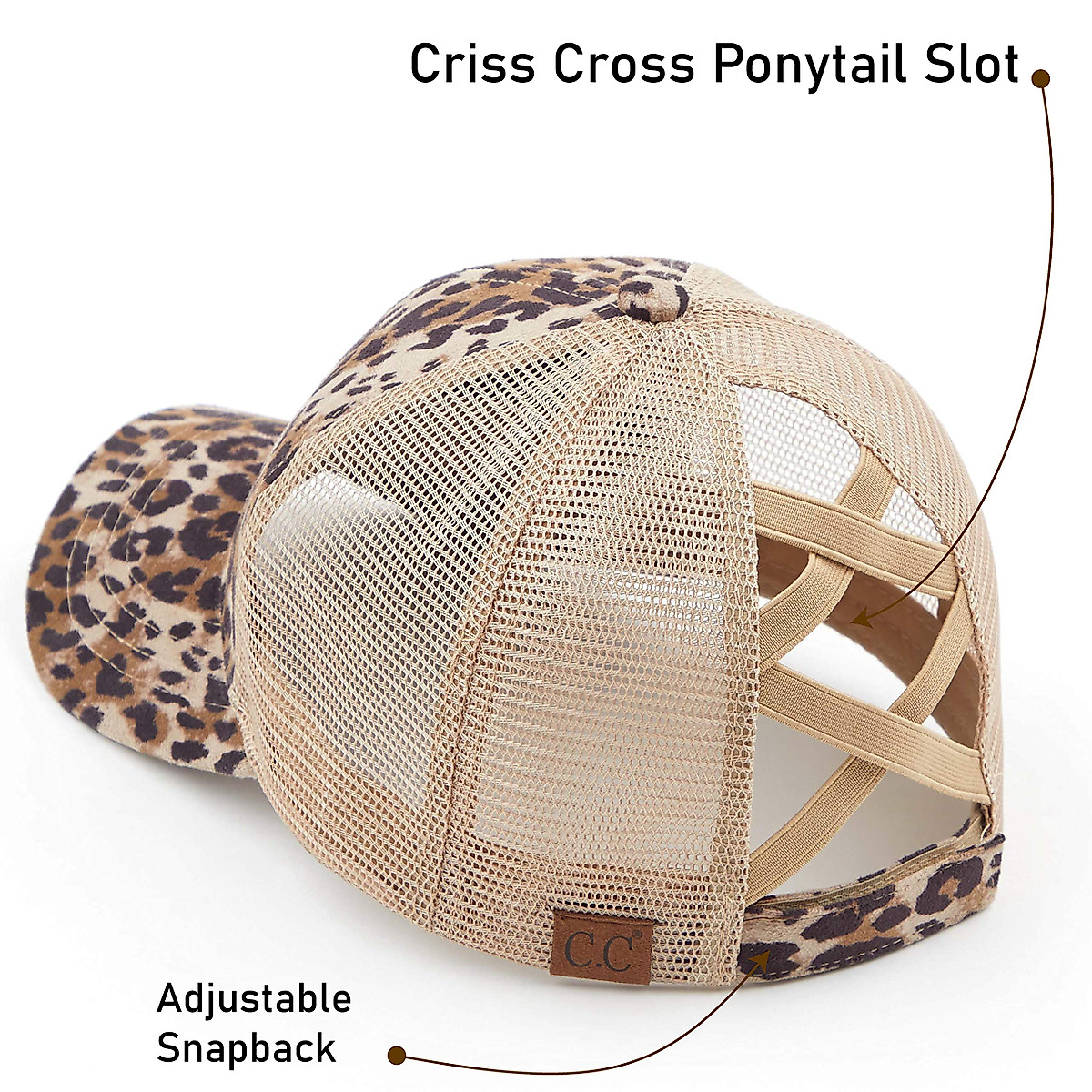C.C Exclusives Washed Distressed Cotton Denim Criss-Cross Ponytail Hat Baseball Cap Bundle Hair Tie (BT-780)(BT-791) (A Elastic Band-Leopard/Beige)
