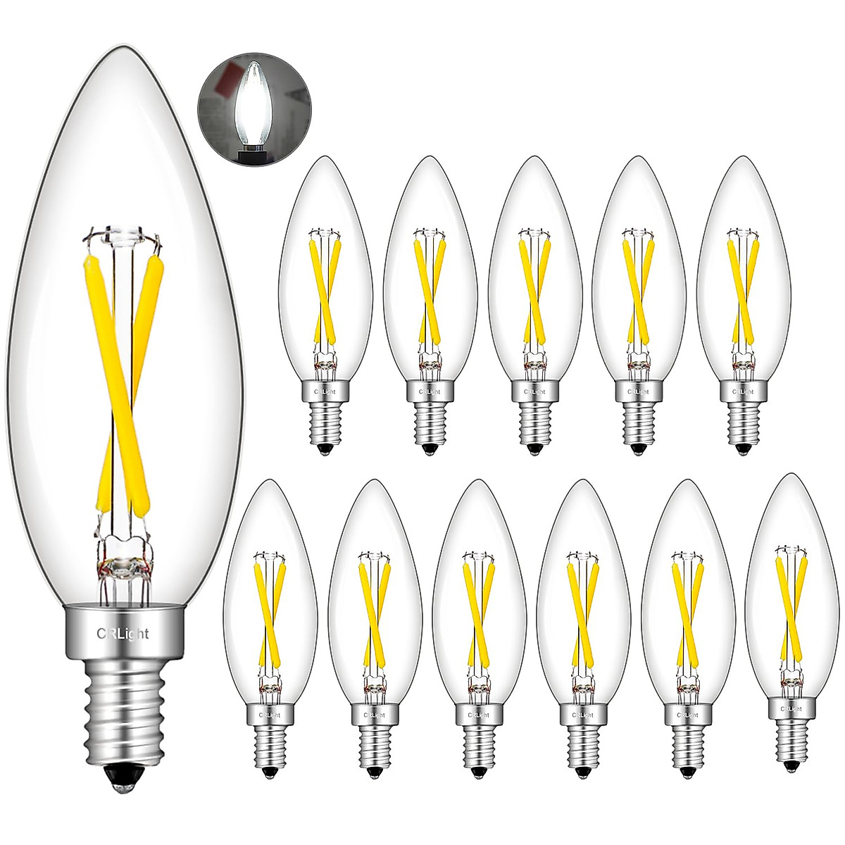 CRLight 2W 4000K LED Candelabra Bulb Daylight White 30W Equivalent 300LM, E12 Base Dimmable LED Chandelier Filament Light Bulbs, Antique Style B10 Clear Glass Candle Torpedo Tip, 12 Pack