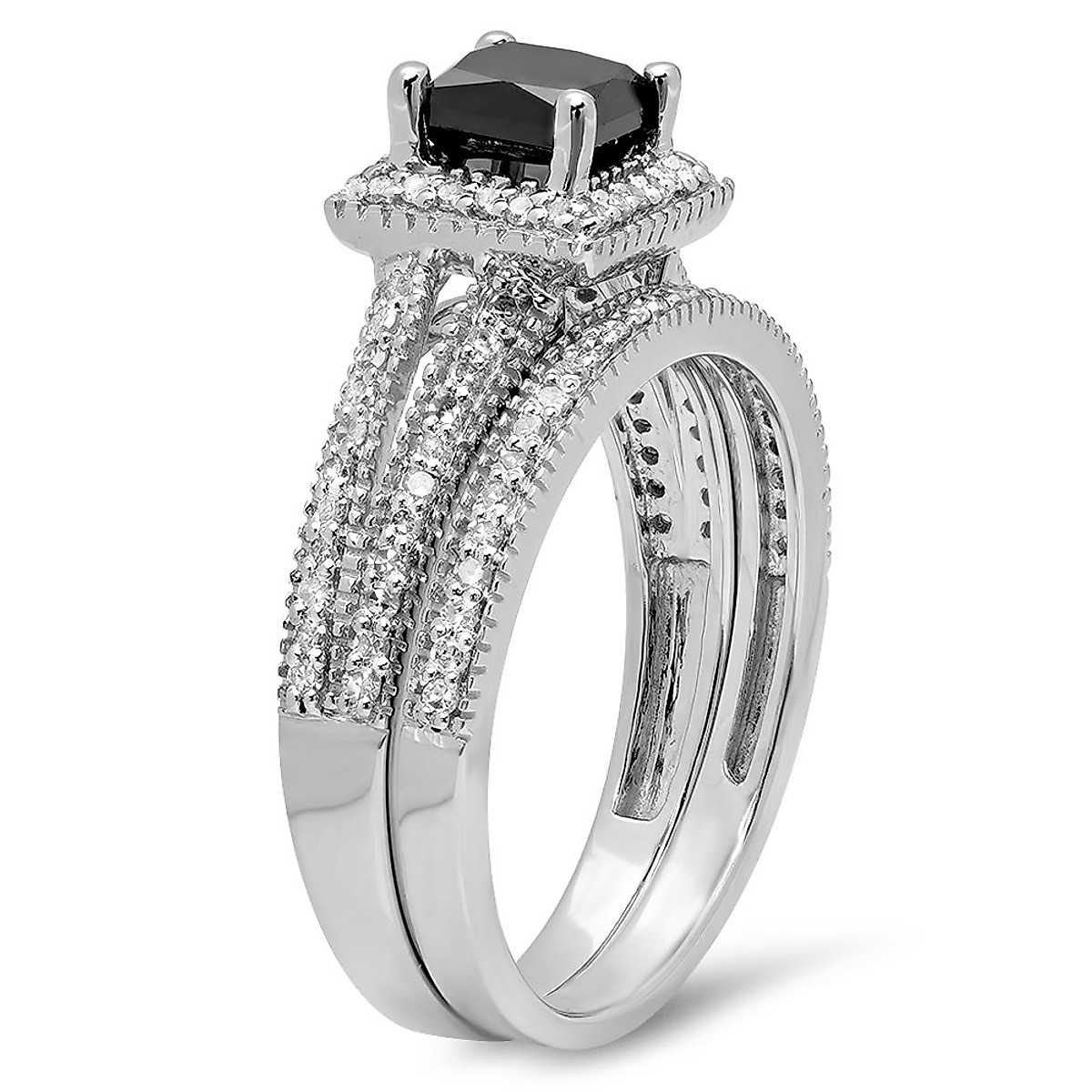 Dazzlingrock Collection 1.35 Carat (Cttw) Princess Black & Round White Diamond Split Shank Halo Wedding Ring Set for Women in 14K Solid White Gold, Size 8