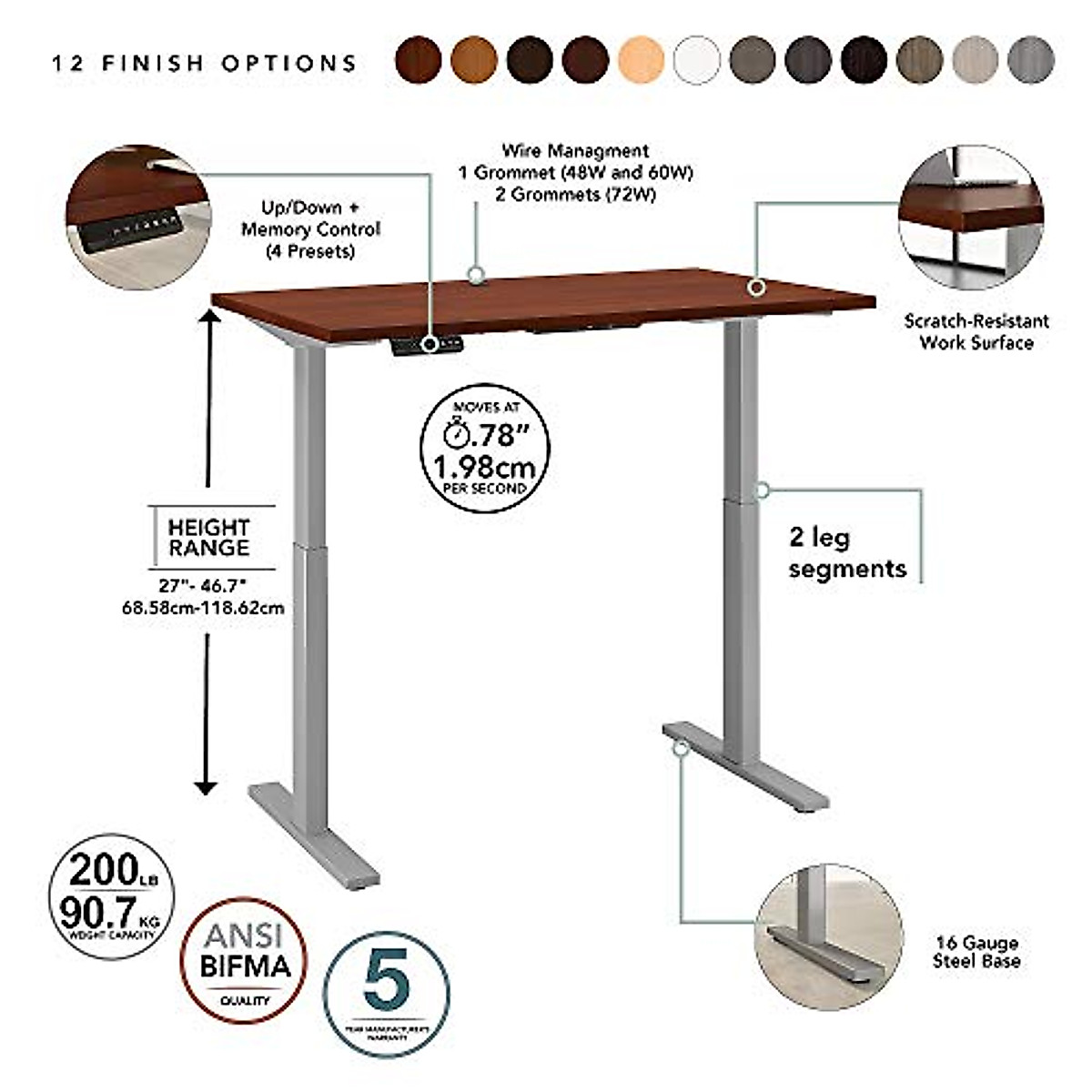 Bush Business Furniture Move 60 Series Height Adjustable Standing Desk, 48W x 24D, Hansen Cherry with Cool Gray Metallic Base