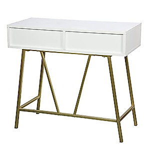 Anmytek Modern Home Office Desk, 35.4 Inch Makeup Vanity Table White Study Desk 2 Drawers Writing Desk Computer Desk with Golden Legs, D0002