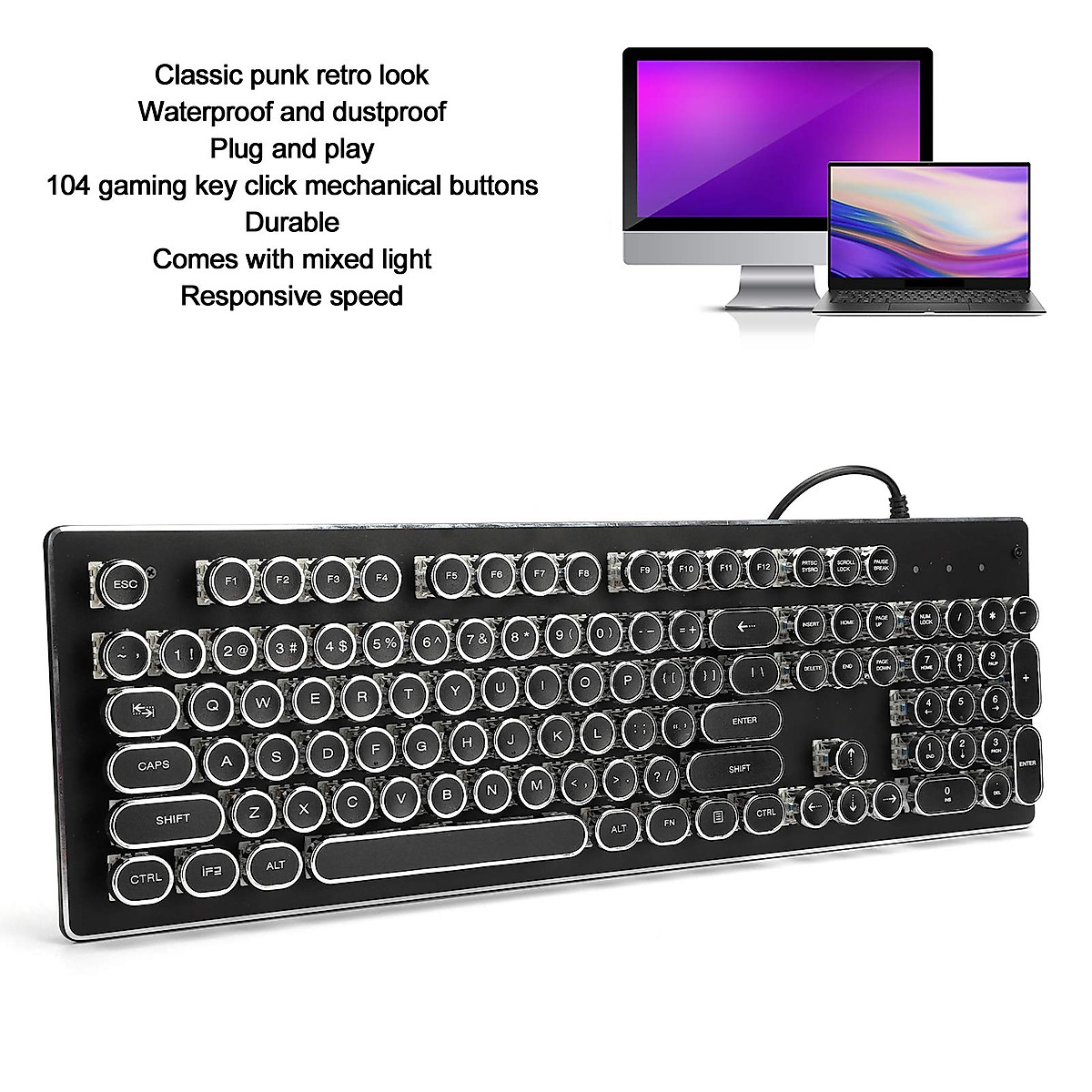 Junlucki Mechanical Gaming Keyboard, 104 Keys Retro Wired Ergonomic Round Key Keyboard Illuminated Click with Mixed Light Tenkeyless for DesktopLaptopComputers(Black)