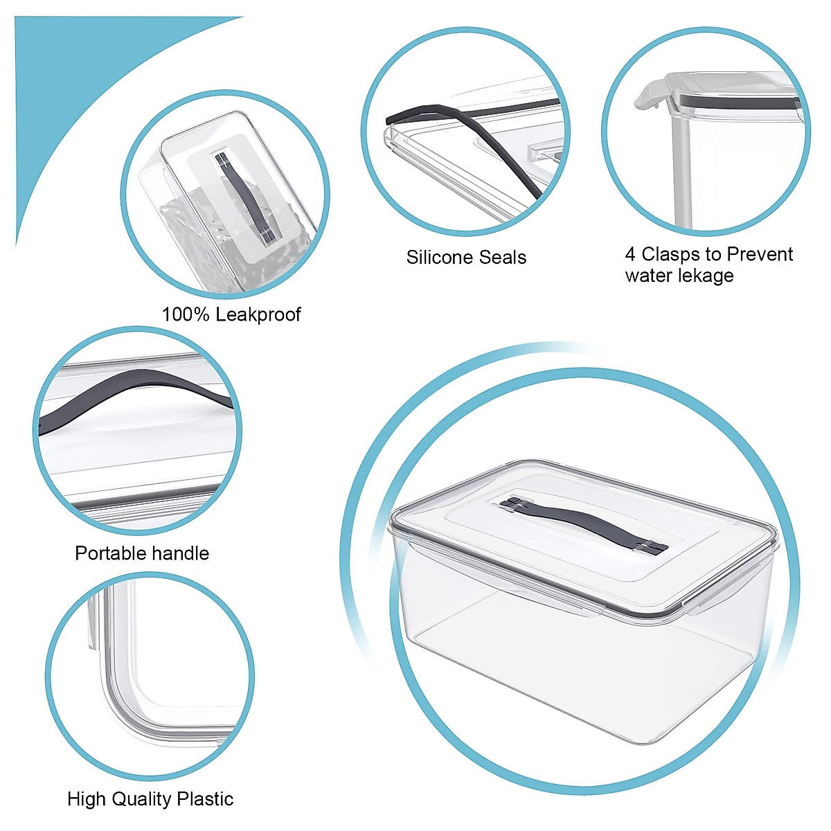 Xyskin 4 Packs 15 L Airtight Food Storage Containers Set with Handle Lid, Plastic BPA-Free Rectangle Bread Container for Home Kitchen, Leak Proof