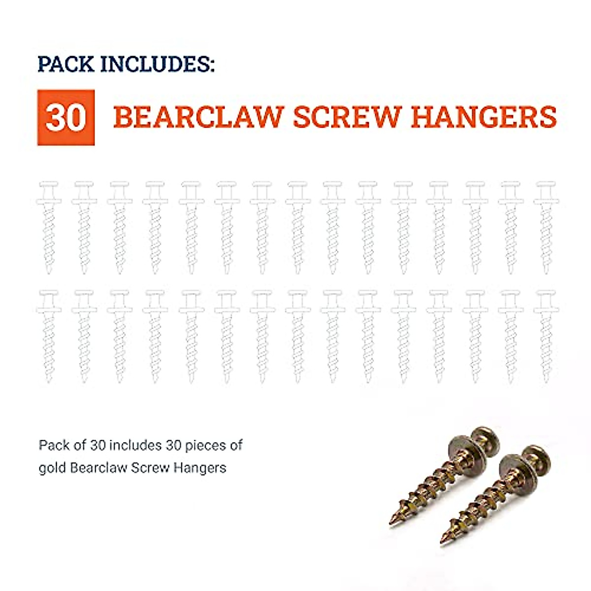 Bear Claw Screw Hanger Gold - 30lb Picture Hooks - 4-in-1 Hanging Screws for D-Rings, Sawtooth, Wire and Keyholes - Mounts in Drywall and Wood Studs 30 Pack