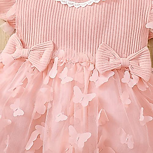 PATPAT 2pcs Baby Girl Ribbed Knit Flutter-Sleeve Splicing 3D Butterfly Applique Tulle Dress with Headband Set Pink 6-9 Months
