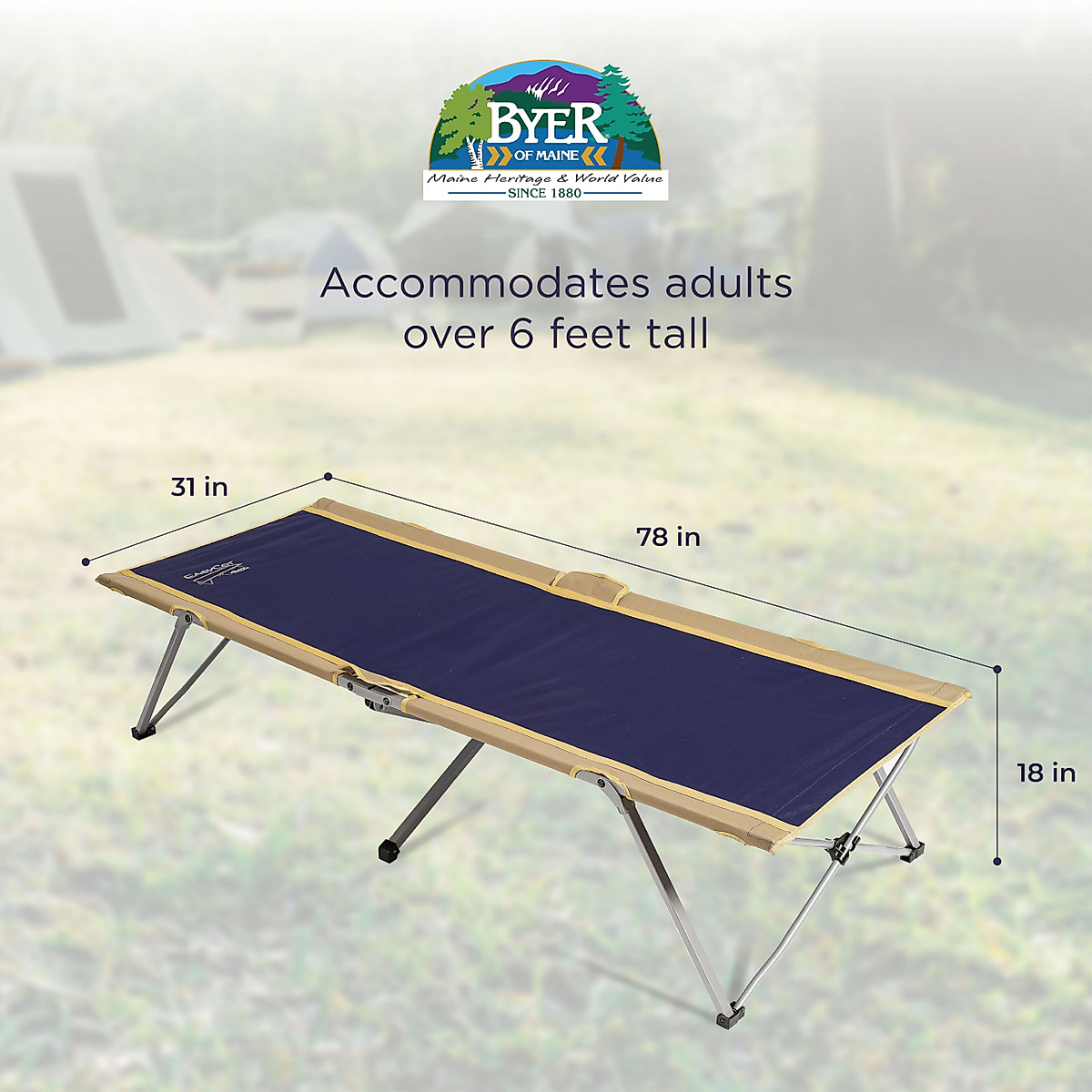 BYER OF MAINE Easy Cot - Extra Large Folding Cot - Heavy Duty Cot for Indoor and Outdoor Use - Cot Bed for Adults - 78”L X 31”W X 18”H - 330 lb Capacity