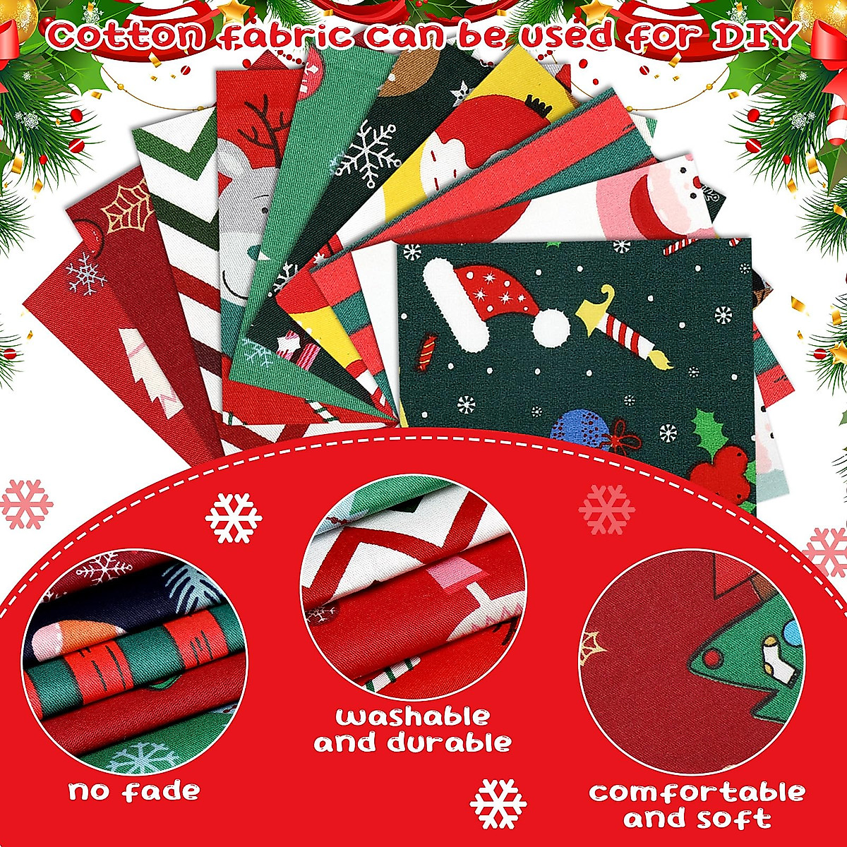 Kinlop 600 Pcs 4 x 4 in Christmas Fabric Bundles Christmas Fat Quarters Cotton Sewing Fabric Christmas Precut Fabric for Quilting Santa Snowflake Printed Fabric Scraps Bulk for Patchwork DIY Craft