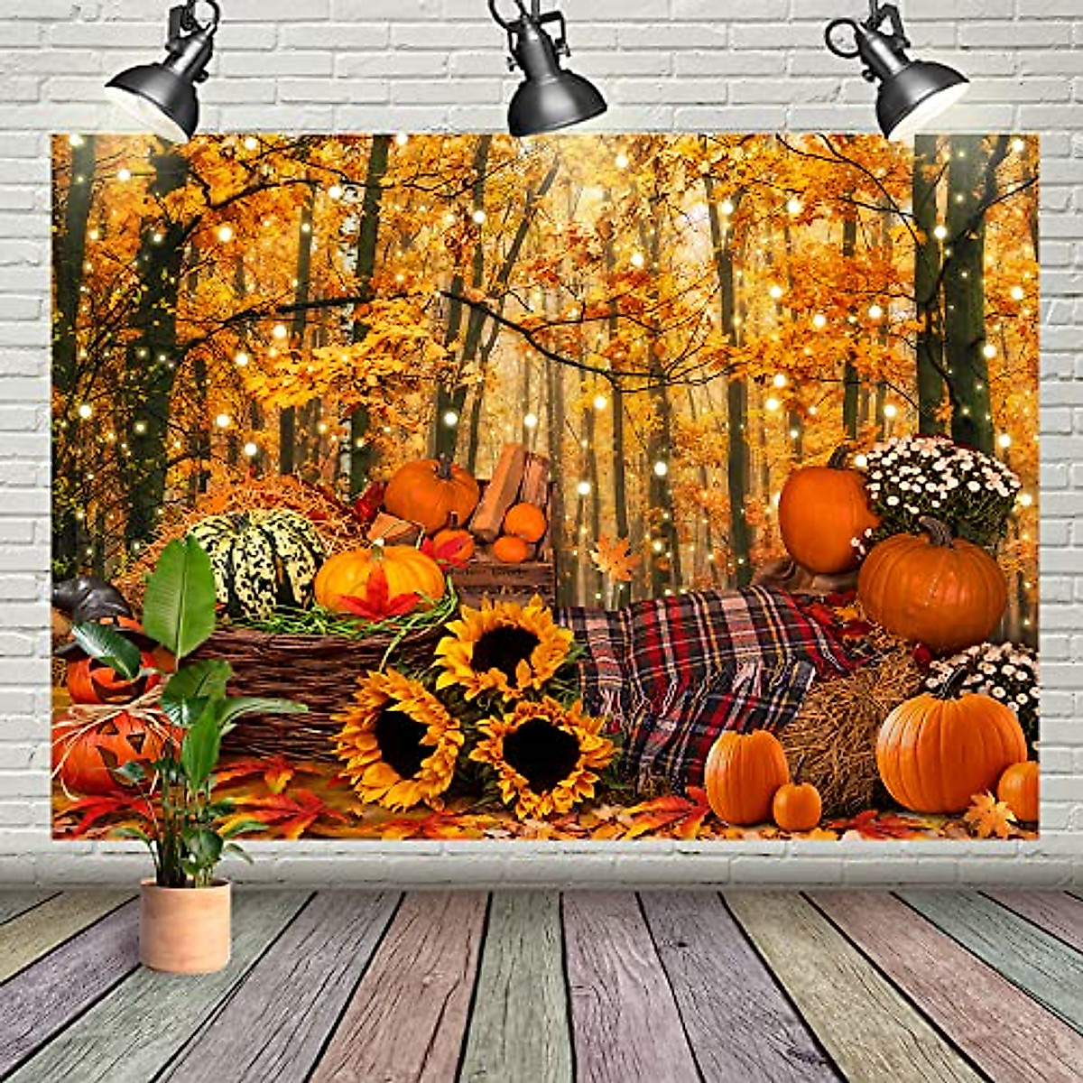 Thanksgiving Day Backdrop Birthday Autumn Maple Forest Leaves Pumpkin Friendsgiving Background Thanksgiving Party Gold Yellow DLH0D350UU 0