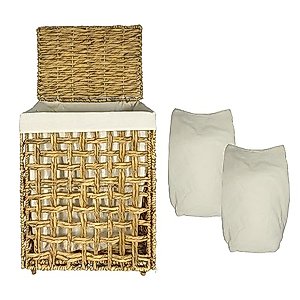 Natural Rectangular Foldable Storage Basket, Laundry hamper with 2 cotton Fitted Bags, 4 Legs, 2 Side Handles, Attached Lid, Made in Vietnam, 23 inch x 13.5 inch x 18 inch