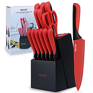 hecef 13 Pieces Kitchen Knife Set with Built-in Sharpening Wooden Block, High Carbon Stainless Steel Knife Block Set with Steak Knives, Kitchen Scissors, Red