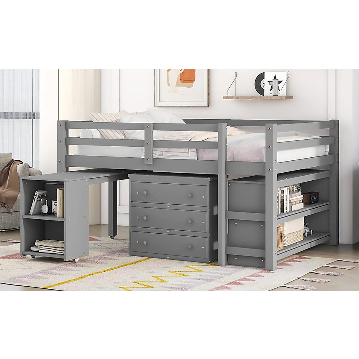 Full Size Loft Bed Frame with Rolling Portable Desk and Cabinet, Wooden Low Study Bedroom Loft Bed with 3 Storage Drawers, Bookshelf, Ladder and Safety Guardrails, Not Included Mattress, Gray