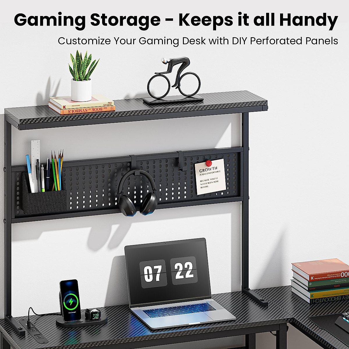 DOMICON 52 Inch L Shaped Gaming Desk with DIY Pegboard, Computer Desk with Monitor Stand, Power Outlets & LED Lights, Reversible Office Desk