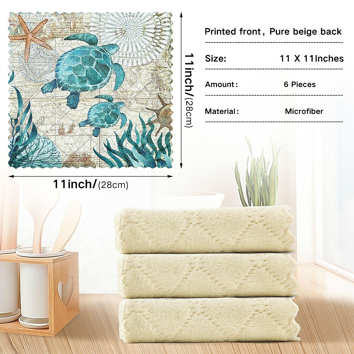 senya Vintage Ocean Sea Turtle Starfish Map Print Dish Cloths 6 Pack Dish Towels Reusable Cleaning Cloths Kitchen Hand Towels