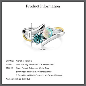 Gem Stone King 925 Sterling Silver and 10K Yellow Gold Round/Cabochon White Simulated Opal and Blue Moissanite Ring For Women (1.02 Cttw, Gemstone Birthstone, Available in size 5, 6, 7, 8, 9)