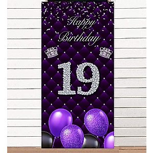 Happy 19th Birthday Purple Banner Backdrop Photo Booth Props Balloons Silver Crown Theme Decor for Woman Nineteen Year Anniversary 19 years Old Birthday Party Favors Supplies Decorations