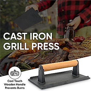 Alpine Cuisine Grill Press Cast Iron - 8x4.5in - Pre Seasoned with Wood Handle, Heavy Duty Steak & Burger Press, Perfect Gadget for Bacon, Paninis, Sandwiches & Vegetables - Weighs 2.9-pounds