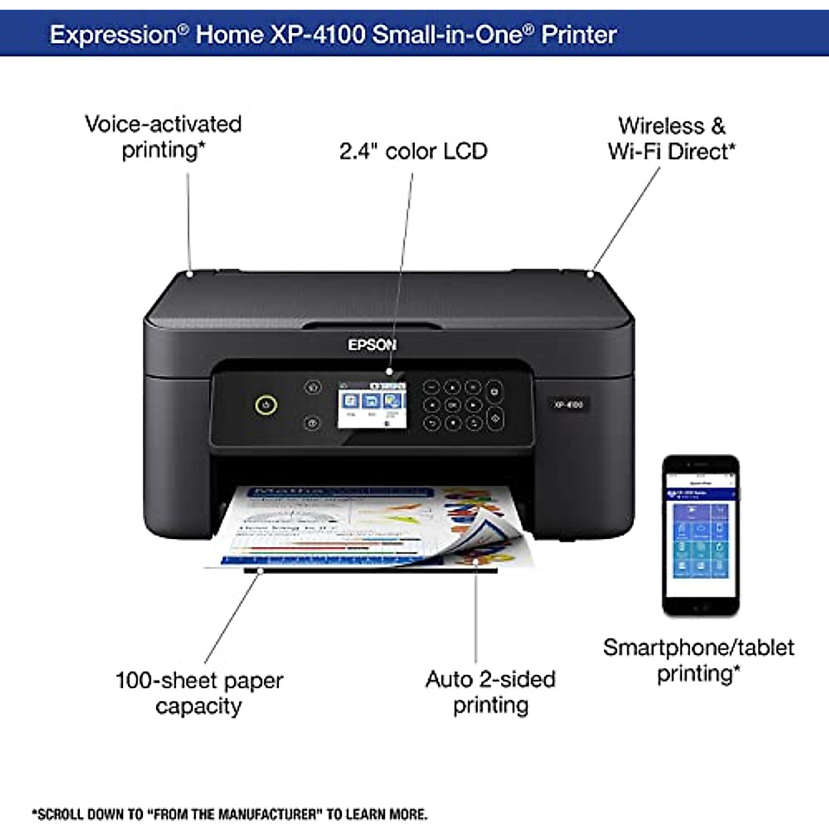 Epson Expression Home XP-4100 All-in-One Wireless Color Inkjet Printer, Black - Print Copy Scan - 10.0 ipm, 5760 x 1440 dpi, 2.4" Color LCD, Auto 2-Sided Printing, Voice-Activated, USB, Wi-Fi Direct