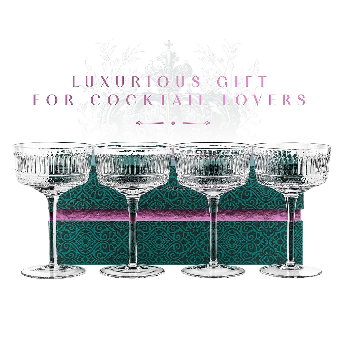 GLASSIQUE CADEAU Vintage Ritzy Cocktail and Champagne Coupe Glasses | Set of 4 | 7 oz Crystal Long Stemmed Glassware for Drinking Martini, Cosmopolitan, Manhattan | Retro Saucers