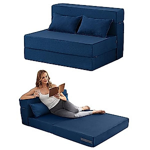 FILUXE Convertible Folding Sofa Bed - Sleeper Chair with Pillow, Modern Linen Fabric Floor & Futon Couch, Foldable Mattress for Living Room/Dorm/Guest/Home Office/Apartment,Standard Size, Navy Blue