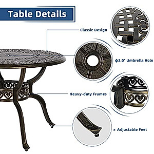 ONLYEAH 5 Pieces Outdoor Furniture Dining Set, All-Weather Cast Aluminum Round Patio Table with Umbrella Hole and 4 Cushioned Dining Chairs for Patio Garden Deck, Retro Pattern Design