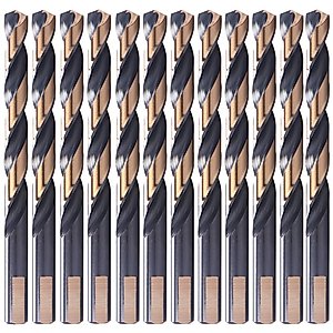 12 PCS,1/4", HSS Black and Gold Coated Twist Drill Bits, Metal Drill, Ideal for Drilling on mild Steel, Copper, Aluminum, Zinc Alloy etc. Pack in Plastic Bag