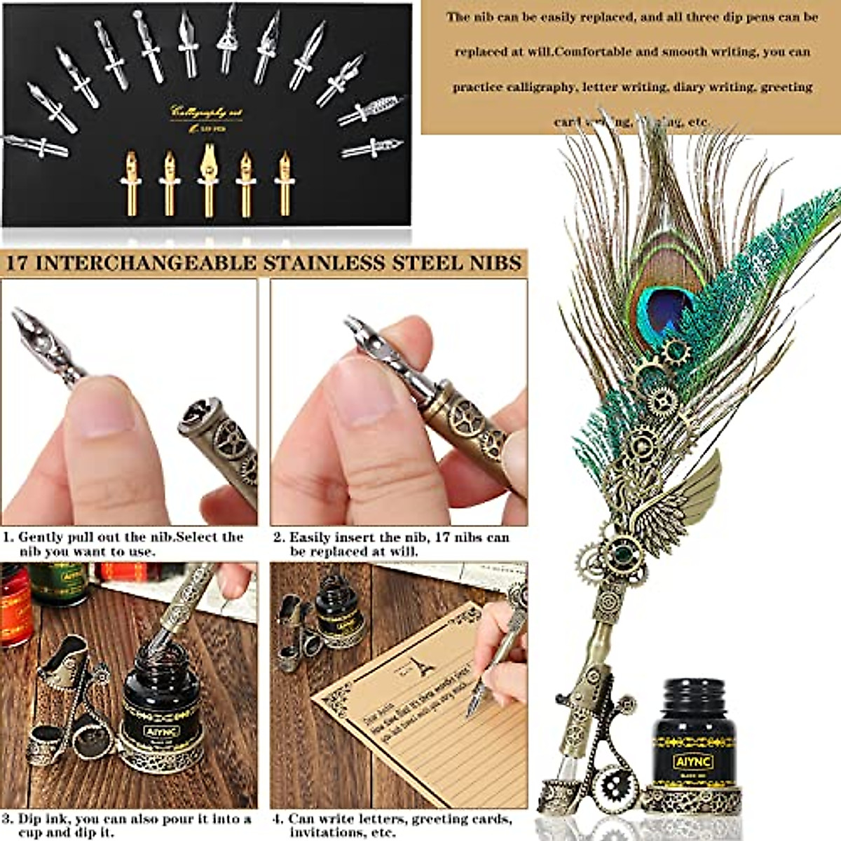 AIYNC Quill Pen and Ink Set, Feather Pen Ink Set, Wax Seal Stamp Kit, Calligraphy Set, Valentine's Day Gifts for Writing Lovers Birthday Gifts, Ideal Calligraphy Gifts for Holidays(Peacock Feather)
