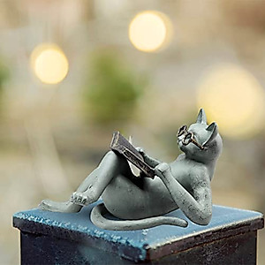 Faruxue Cat Statues Garden Decor - Literary Cat Resin Ornaments Garden Statue Decoration Reading Cat Craft Cat Wearing Glasses Sculpture for Patio Yard Lawn Home Office,18X8X5CM