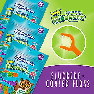 BrightWorks Kids’ Mixed Berry Dental Flossers [180 Floss Picks], plant-based handles, Colorful Animals add Fun to Support Healthy Habits, Easy-Grip Handle, Fluoride-Coated Floss. 60 count (Pack of 3)