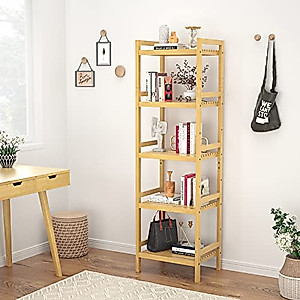 Homykic Bamboo Bookshelf, 5-Tier Narrow 55.9” Adjustable Book Shelf Bookcase Bathroom Shelves Freestanding Storage Stand for Living Room, Bedroom, Kitchen, Rust Resistance, Easy Assembly, Natural
