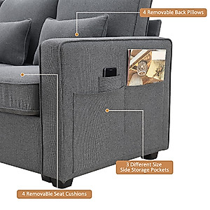 Tmsan 114.2" Modular Sectional Sofa Couch for Living Room Apartment, Modern Linen Upholstered Couch with 2 Cup Holders & 2 USB Charging Ports & 4 Pillows & 3 Storage Pockets, 4-Seat (Dark Grey)