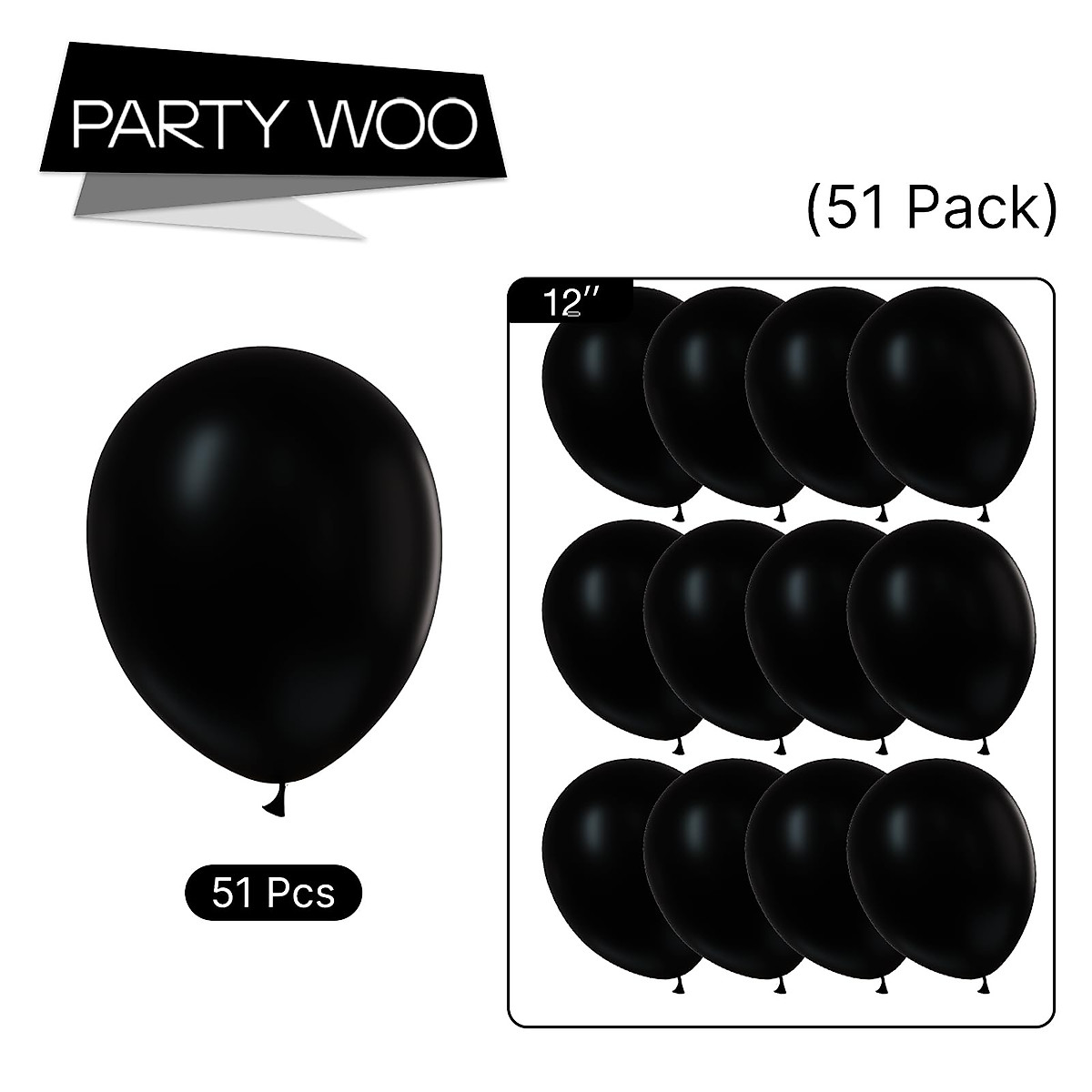 PartyWoo Black Balloons, 51 pcs 12 Inch Matte Black Balloons, Black Balloons for Balloon Garland or Balloon Arch as Party Decorations, Birthday Decorations, Retirement Party Decorations, Black-Y18