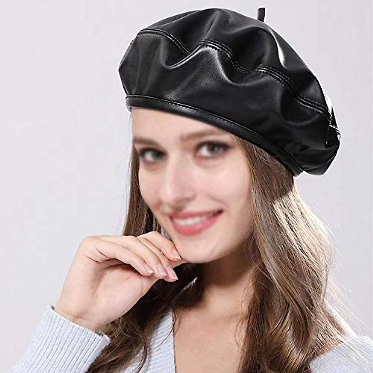 LABANCA Women Solid Faux Leather Beret French Artist Beanie Hat Cap