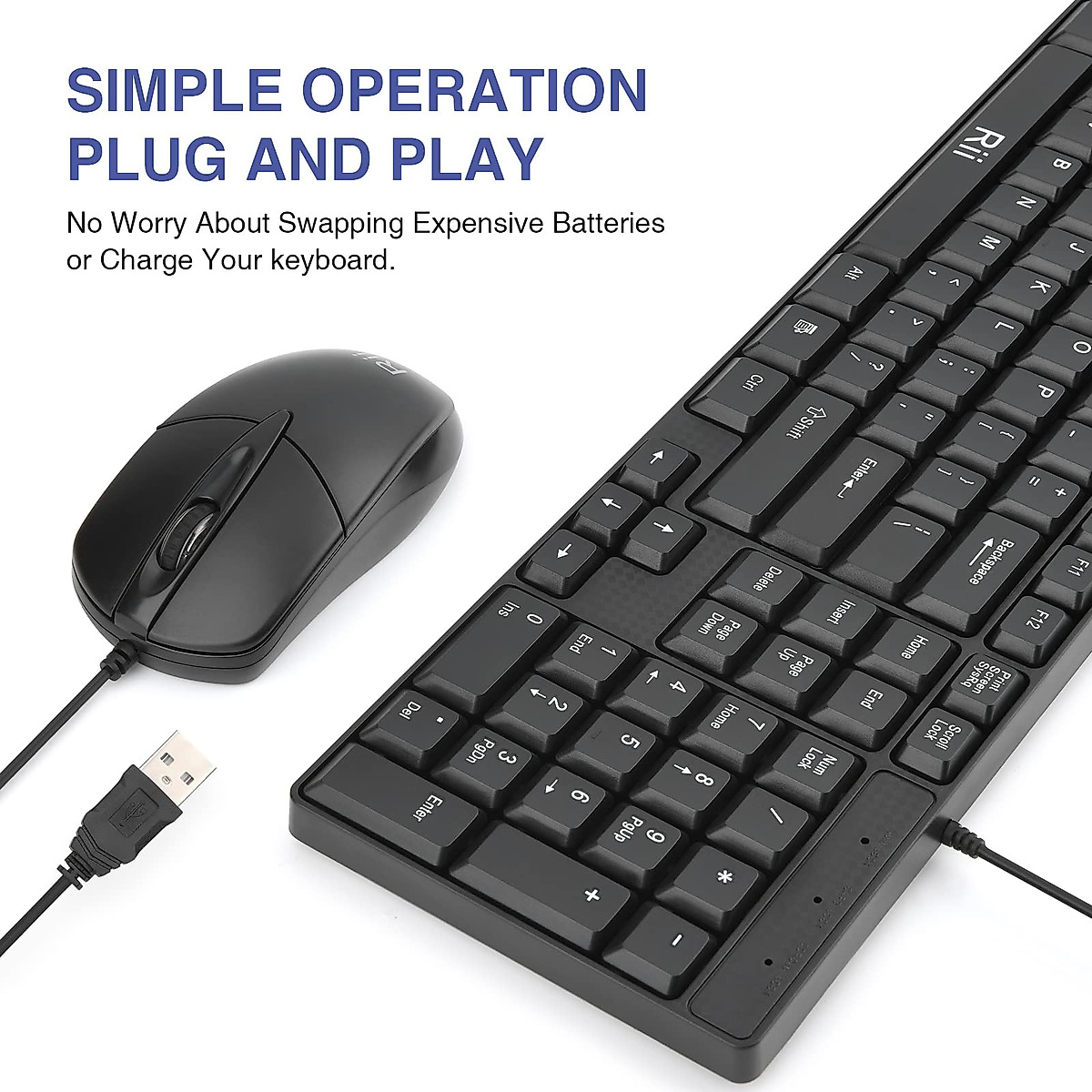 (2PACK) Wired Keyboard and Mouse,Rii RK203 Ultra Full Size Slim USB Basic Wired Keyboard Mouse Combo Set with Number Pad for Computer,Laptop,PC,Notebook,Windows