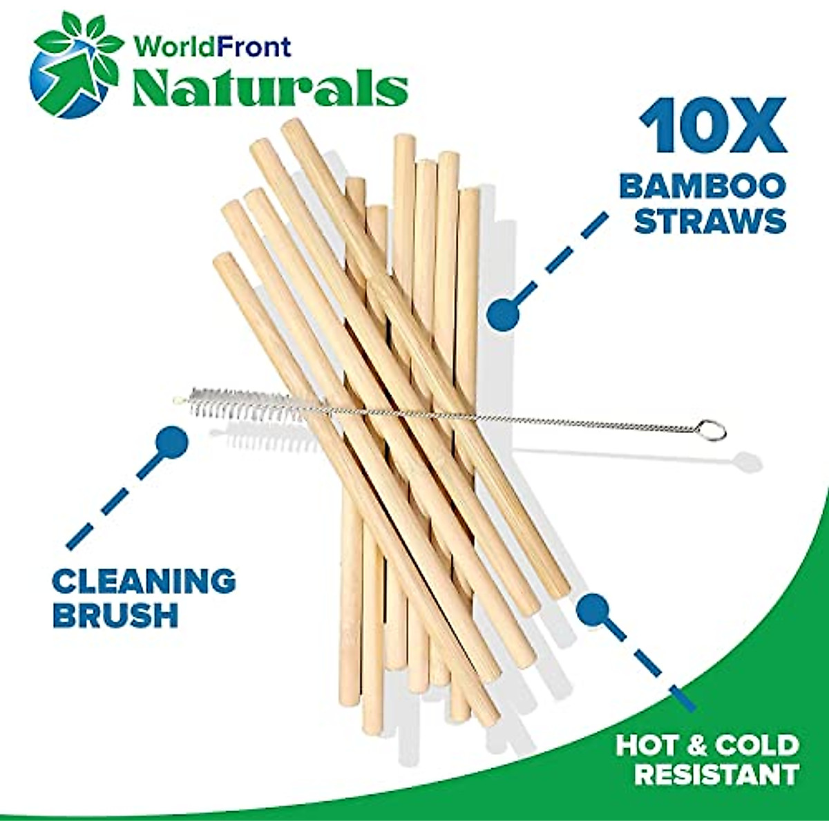 WorldFront Naturals Reusable Straws with Case & Straw Cleaner Brush - Eco Friendly Bamboo Straws Reusable Pack of 10, Used as Cocktail Straws, Smoothie Straws, Travel Straws, Coffee Straws