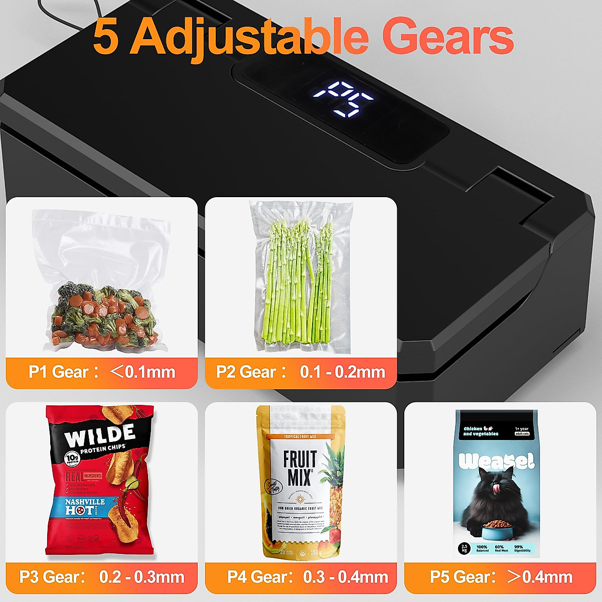 Mini Bag Sealer,3 in 1 USB Rechargeable Heat Sealer and Cutter,5 Adjustable Gears Chip Bag Sealer,with 3000mAh Battery and 3.8" Heating Strip Seal for Chip Bags, Plastic Bags, Snack Bags (Black)