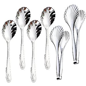 Enwinner Buffet Salad Serving 2 Tongs 4 Serving Spoons, 9 inch Catering Chef Food Salad BBQ Serving Utensils, Set of 6(stainless steel) (2 tongs+4 spoons)