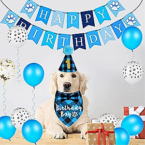 JOTFA Dog Birthday Party Supplies, Plaid Dog Birthday Boy Bandanas with Dog Birthday Party Number Hat Bow Tie Bannner for Small Medium Large Dogs Pets (Light Blue)