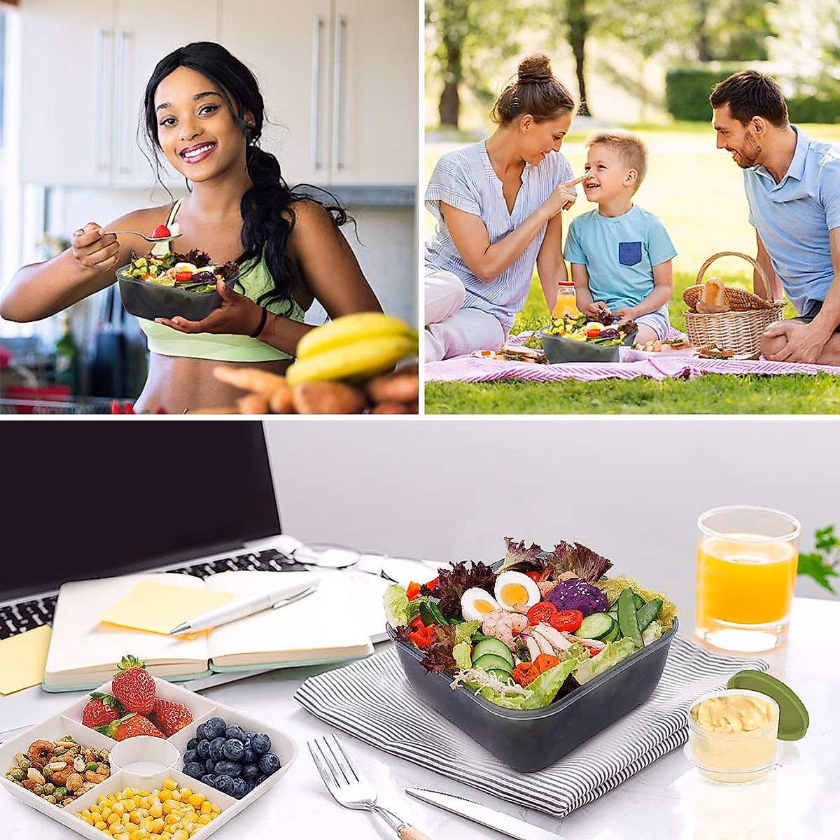 Rassody 74 OZ Salad Container To Go for Lunch with Ice Pack, Dressing Cup and 4 Compartments for Salads Toppings, Snacks, Fruits, Built-In Fork, Large Mixing Bowl, Leak-Proof, Reusable and BPA-Free