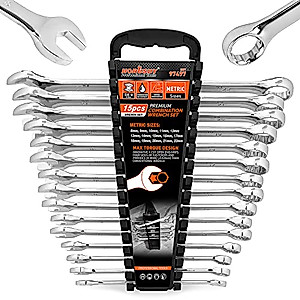 HORUSDY 15-Piece Metric Wrench Sets, V Notch Premium Combination Wrench Set Metric 8-22mm, Max Torque, 12-Point, Chrome Vanadium Steel, with Storage Rack